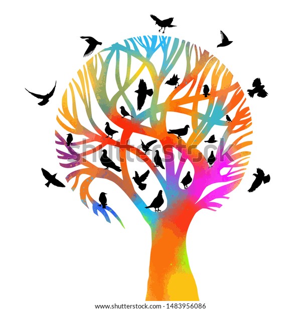 Stylized Beautiful Multicolored Tree Birds Vector Stock Vector (Royalty ...