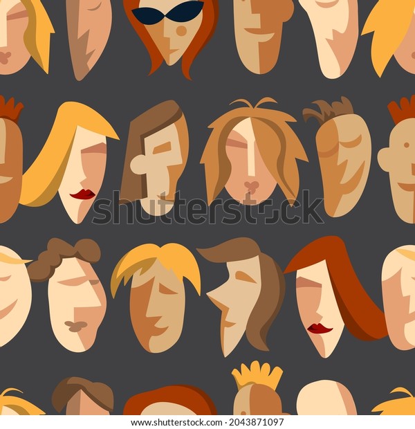 Stylized Cartoon Faces People Seamless Pattern Stock Vector (Royalty ...