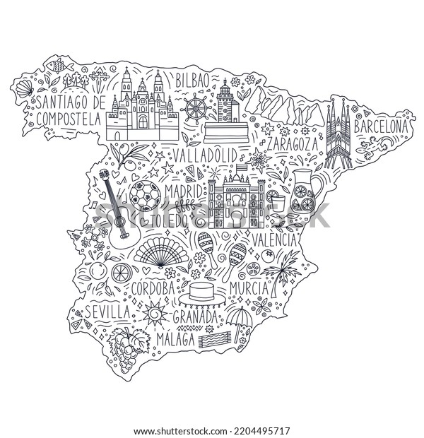 Stylized Doodle Illustrated Map Spain Landmarks Stock Vector (Royalty ...