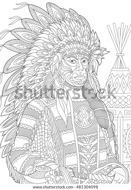 Stylized red indian chief (redskin man) wearing traditional headdress ...