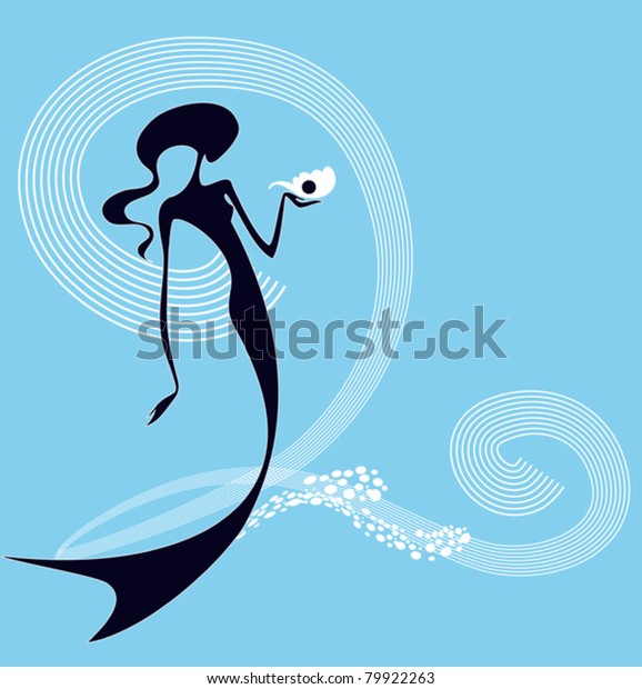 Stylized Silhouette Mermaid Holding Shell Precious Stock Vector ...