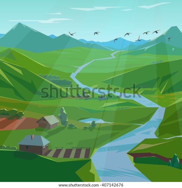 stylized summer landscape with river and mountains, vector illustration