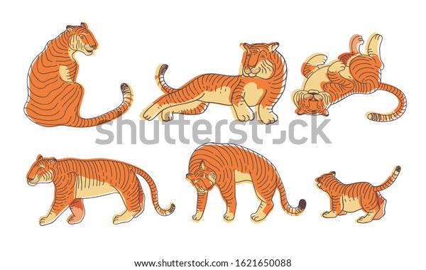 Stylized Tiger Animal Different Poses Vector: เวกเตอร์สต็อก (ปลอดค่า ...