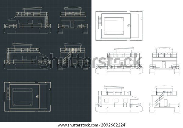 Stylized Vector Illustration Blueprints Pontoon Houseboat Stock Vector ...
