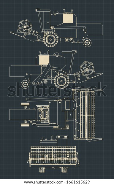 Stylized Vector Illustrations Combine Harvester Blueprints 库存矢量图（免版税 ...