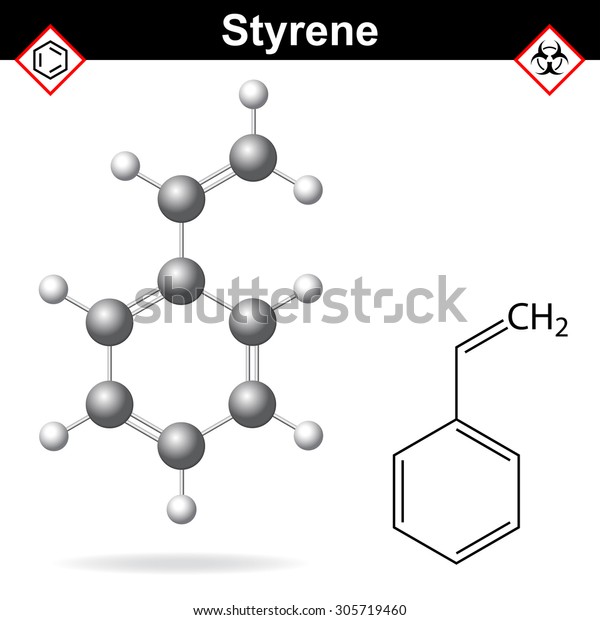Styrene Molecule Structural Chemical Formula Model Stock Vector