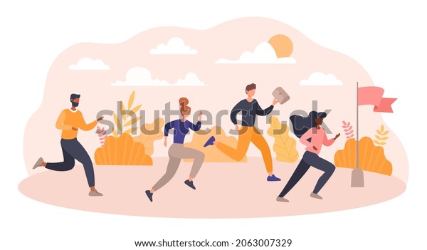 Successfully Overcomes Obstacles Group People Runs Stock Vector ...