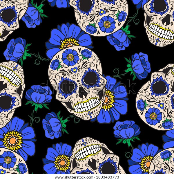 Sugar Skulls Blue Flowers Seamless Vector Stock Vector (Royalty Free ...