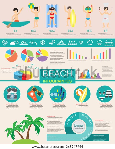 Summer Beach Infographic Items Included Pictogram: เวกเตอร์สต็อก (ปลอด ...