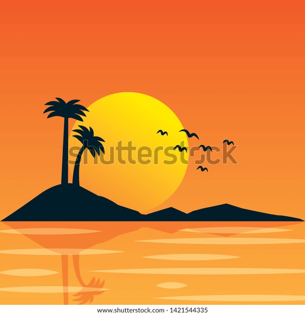 Summer Beach Scenery Sunset Cartoons Vector Stock Vector (Royalty Free ...