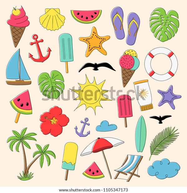Summer Collection Colourful Hand Drawn Icons Stock Vector (Royalty Free ...