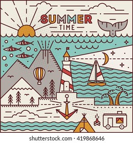 Summer Flat Line Art Illustration Stock Vector (Royalty Free) 419868658 ...