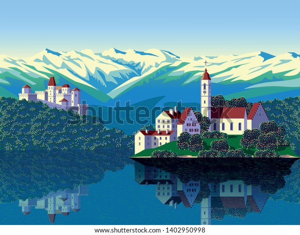 Summer Landscape Small Town Lake Castle Stock Vector (Royalty Free ...
