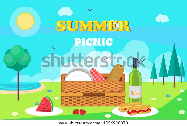 Summer Picnic Composition Poster Headline Basket Stock Vector (Royalty ...