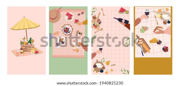 Entorno vertical de picnic de verano con deliciosa comida y actividades ...