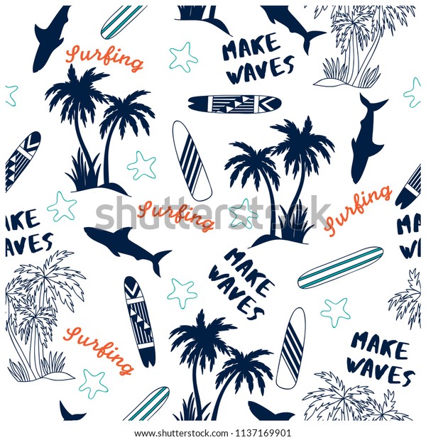 Summer Seamless Pattern Designpalm Treesurfboard Shark Stock Vector ...