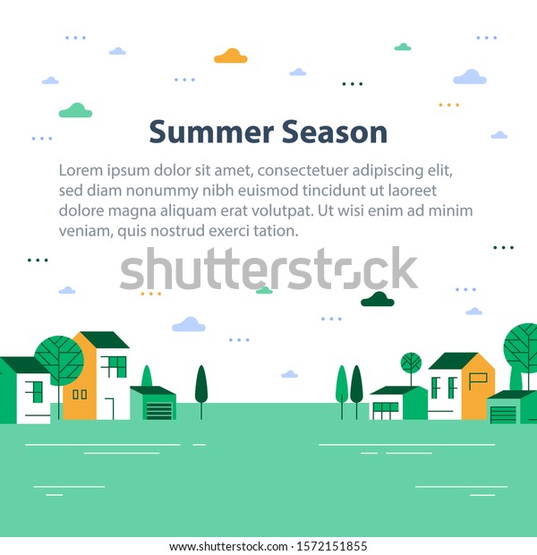 Summer season in small town, tiny village view, row of residential ...