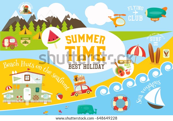 Summer Vacation Card - Beach Huts on Seafront, Mountain Travel, Flying ...