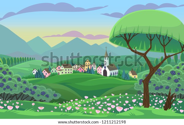 Summer Vector Scene Village Tree Fields Stock Vector (Royalty Free ...