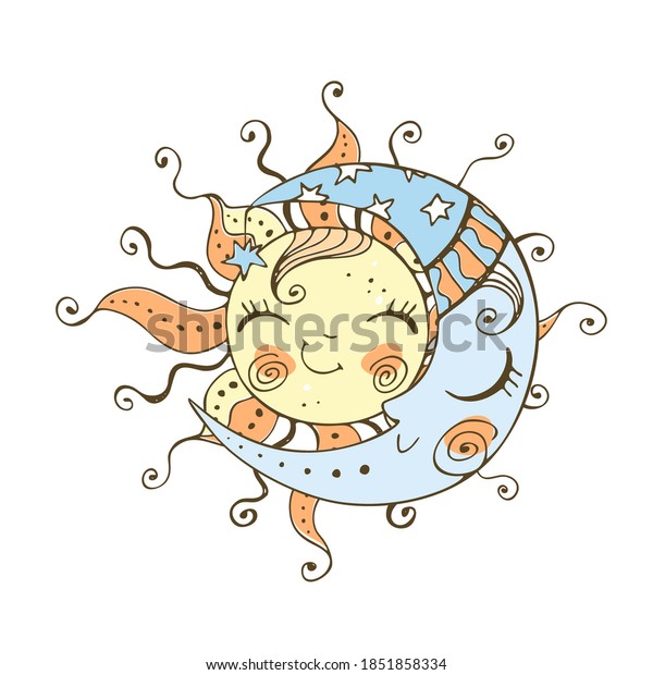 Sun Moon Cute Doodle Style Childrens Stock Vector (Royalty Free ...