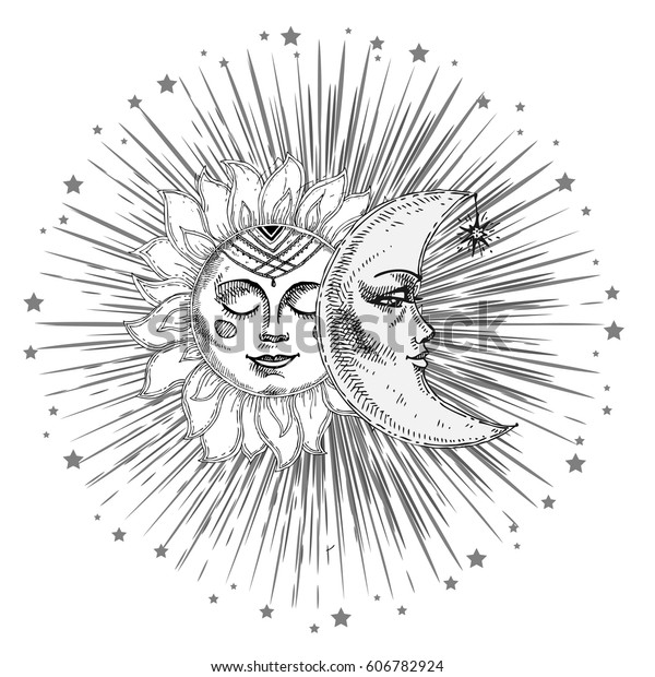 Sun Moon Face Stylized Engraving Can Stock Vector (Royalty Free) 606782924