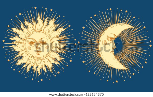 Sun Moon Face Stylized Engraving Can Stock Vector (Royalty Free) 622624370