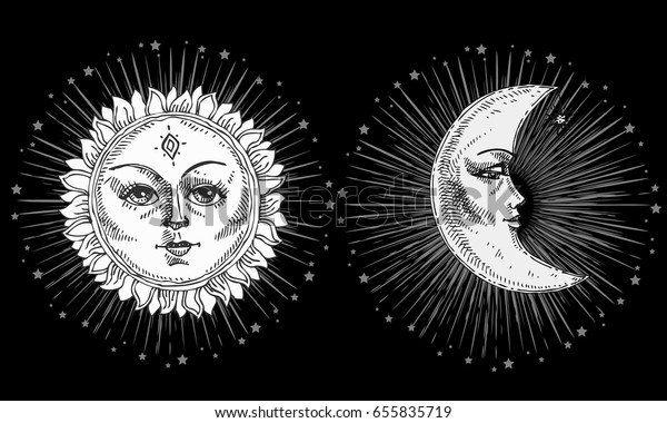 Sun Moon Face Stylized Engraving Can: เวกเตอร์สต็อก (ปลอดค่าลิขสิทธิ์ ...