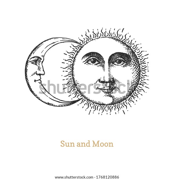 Sun Moon Hand Drawn Engraving Style Stock Vector (Royalty Free ...