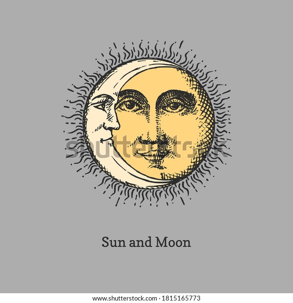 Sun Moon Hand Drawn Engraving Style Stock Vector (Royalty Free ...