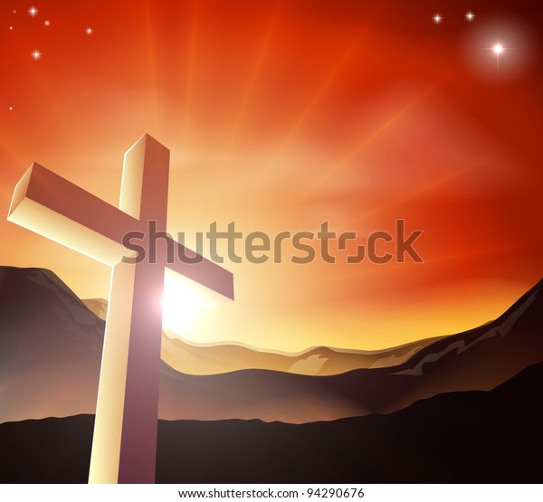 Sun Rising Behind Cross Over Mountain Stock Vector (Royalty Free) 94290676