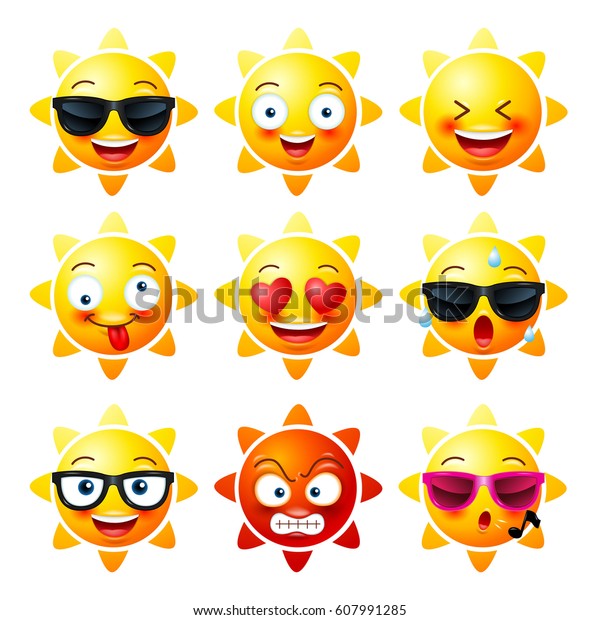 Iconos solares, caricaturistas sonrientes o emoticonos: vector de stock ...