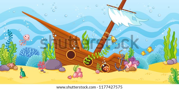 Sunken Ship Bottom Sea Vector Illustration 库存矢量图（免版税）1177427575