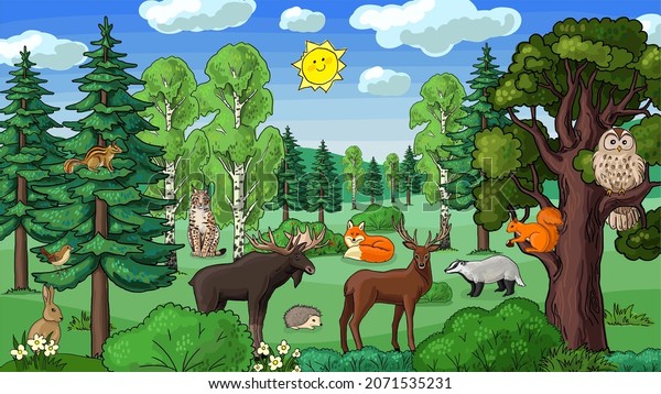 Sunny Day Forest Animals Vector Stock Vector (Royalty Free) 2071535231 ...