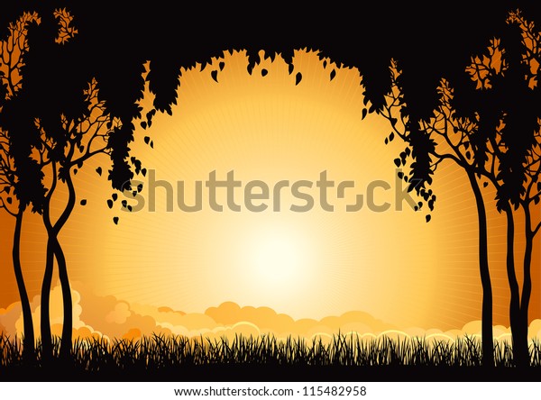 Sunrise Landscape Vector Silhouette Many Trees Stock Vector (Royalty ...