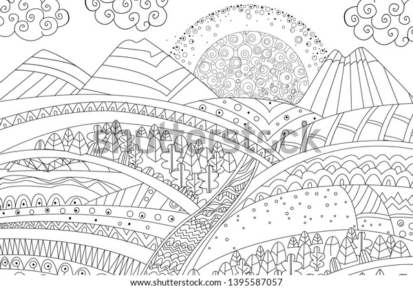 Sunrise Mountain Landscape Your Coloring Book Stock Vector (Royalty ...