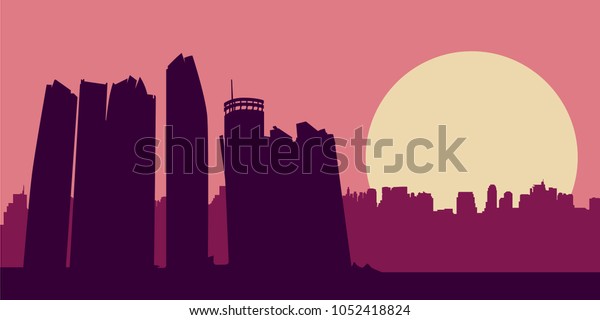 Sunset City Skyline Building Vector Illustration 스톡 벡터(로열티 프리 ...
