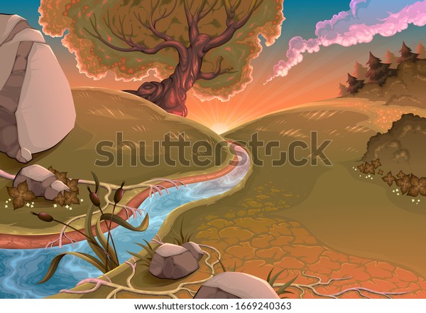 Sunset Peaceful Place Cartoon Vector Illustration Stock Vector (Royalty ...