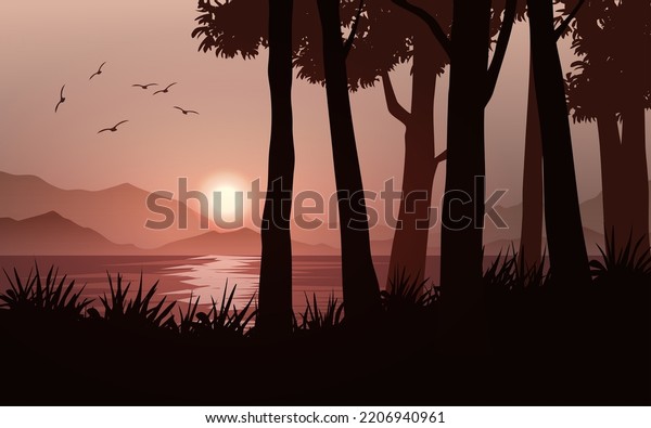 Sunset Woods Lake Illustration Vector Forest Stock Vector (Royalty Free ...