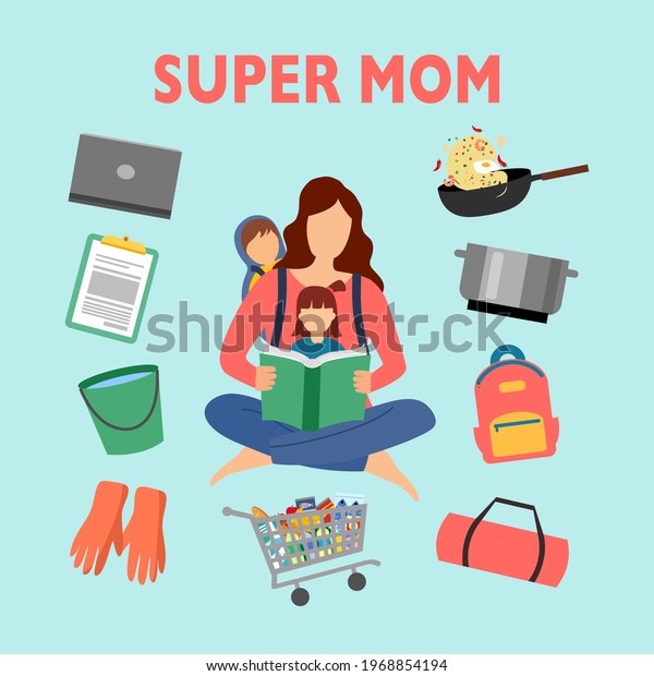 Super Mom Multitasking Cooking Cleaning Taking Stock Vector (Royalty ...