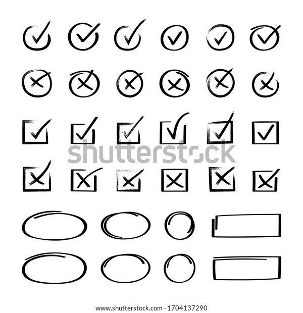 Super set hand drawn check mark with different circle arrows and ...