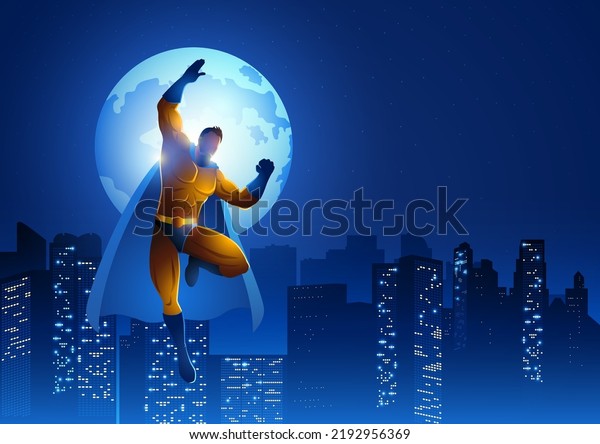 Superhero Flying On Beautiful Cityscape During Stock Vector (Royalty ...