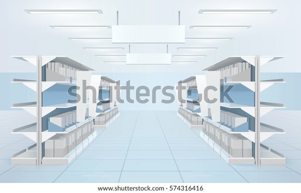 Supermarket Interior Perspective View Supermarket Shelves Stock Vector ...