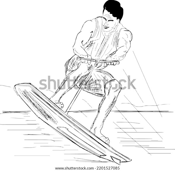 Surf Boarding Man Line Art Vector: เวกเตอร์สต็อก (ปลอดค่าลิขสิทธิ์ ...