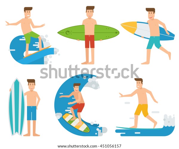 Surfer Characters Set Surfing People Surfboards: стоковая векторная ...