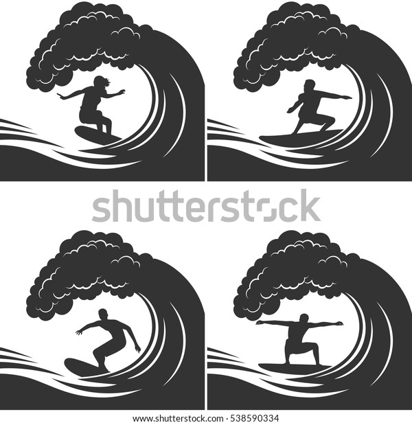 Surfer On Wave Monochrome Set Stock Vector (Royalty Free) 538590334 ...