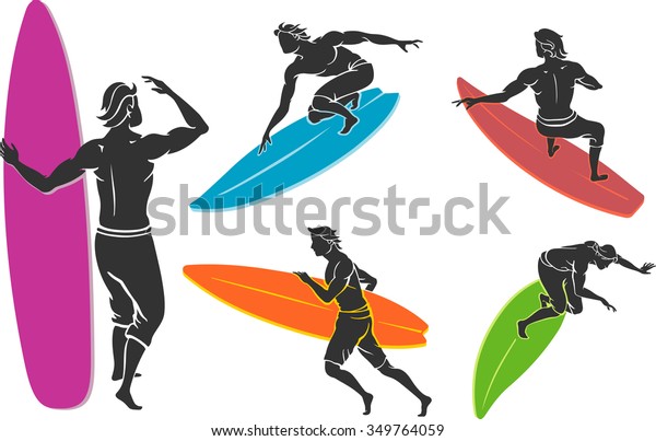 Surfer Silhouette Setvariation Male Surfer Positions: vector de stock ...