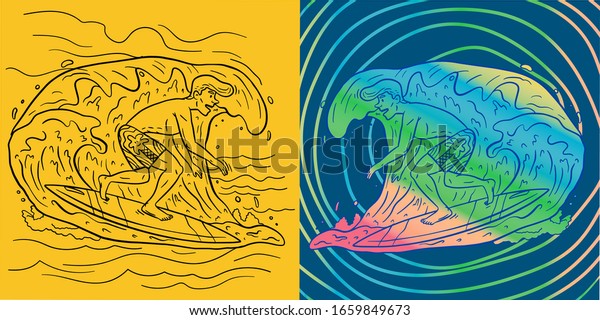 Surfer Wave Vector Illustration Extreme Sport Stock Vector (Royalty ...