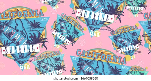 Surfing California Seamless Pattern Packing Old Stock Vector (Royalty ...