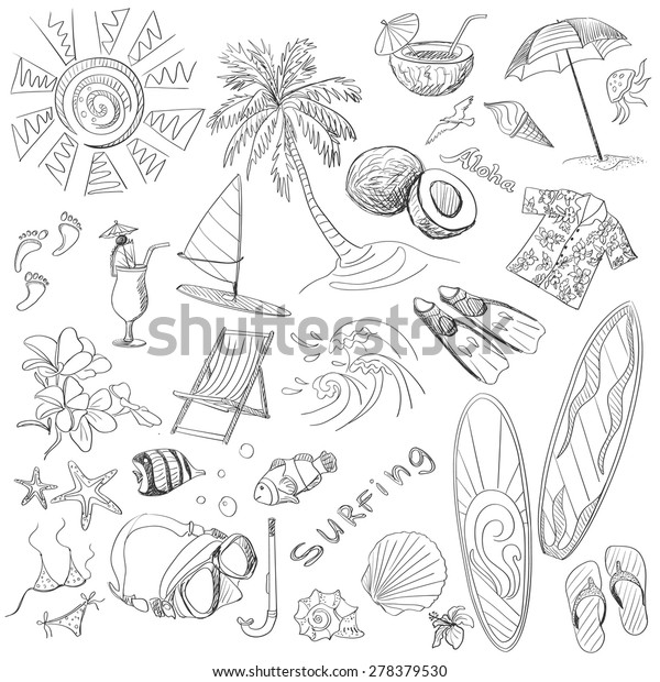 Surfing Hand Draw Doodles Various Summer Stock Vector (Royalty Free ...