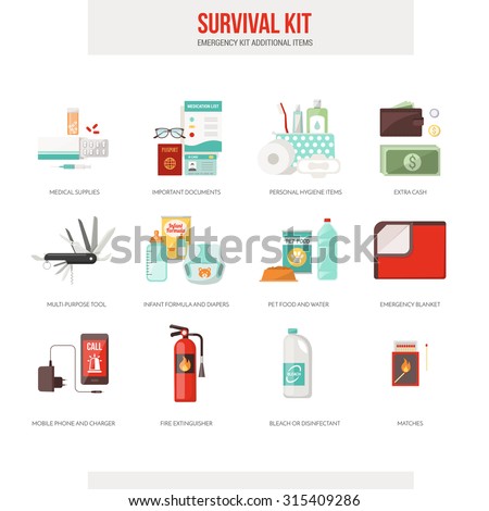 Survival Emergency Kit Evacuation Vector Objects 스톡 벡터(사용료 없음 ...